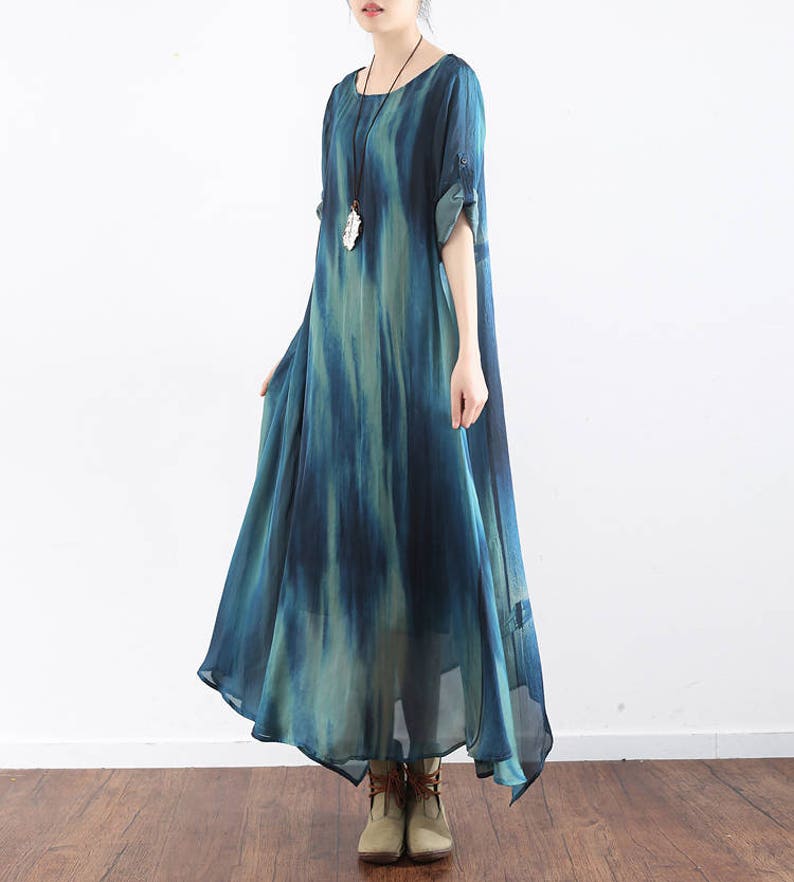 Blue Silk Dress Loose Silk Cotton Dress Short Sleeve Summer | Etsy