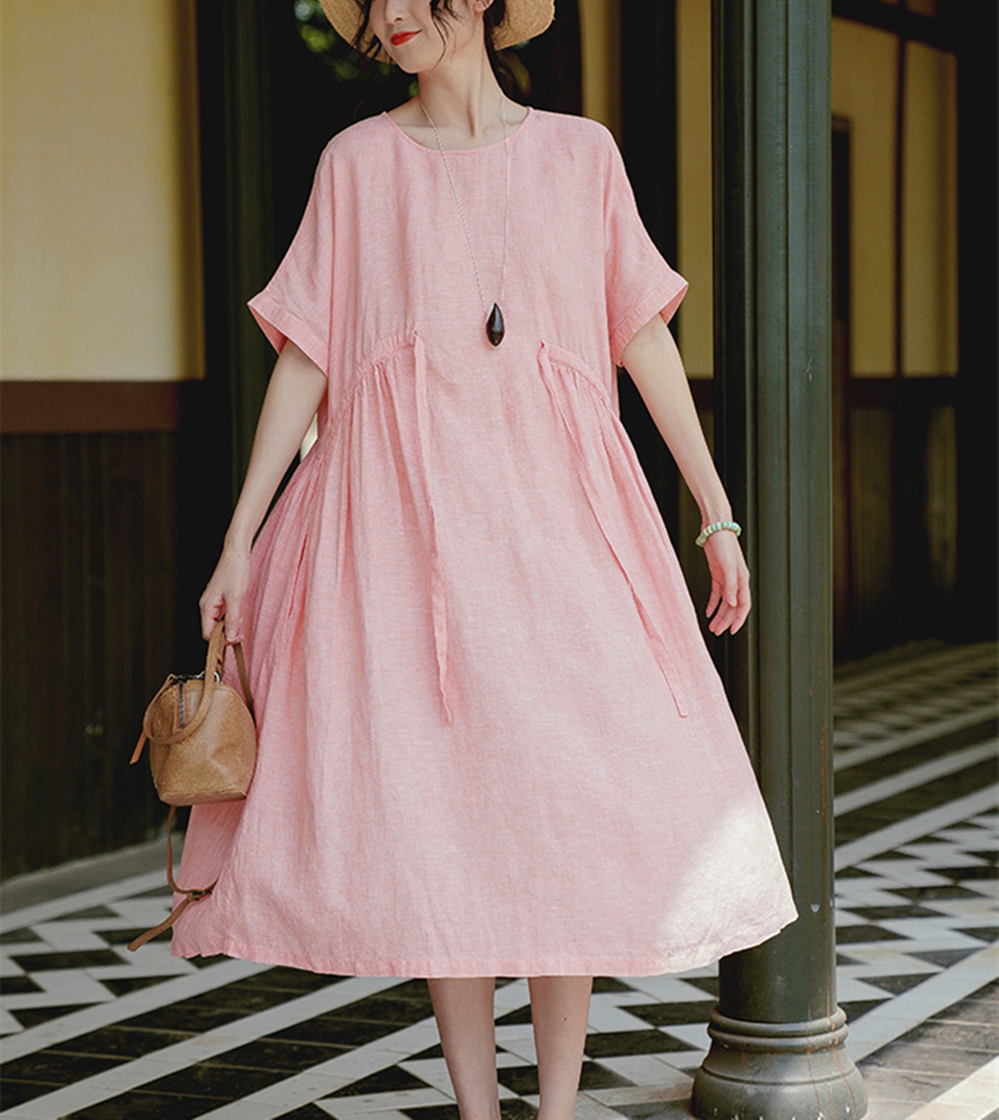 Pink Linen Dresslinen Maxi Dresslinen Pleated Dressdress - Etsy