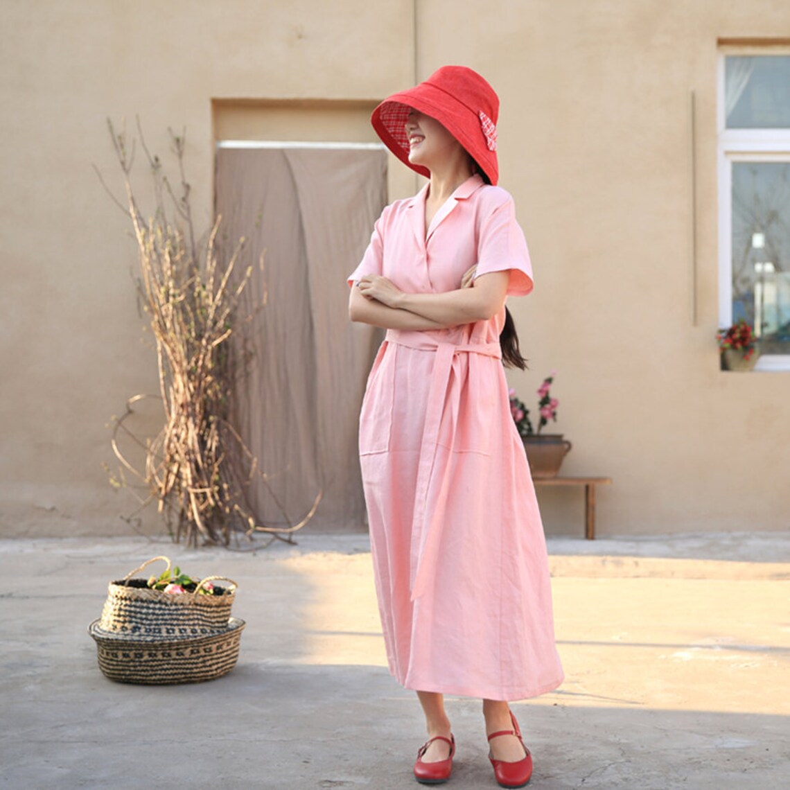 Linen Dress in Pink,loose Tunic Dress,short Sleeve Linen Dress,maxi ...