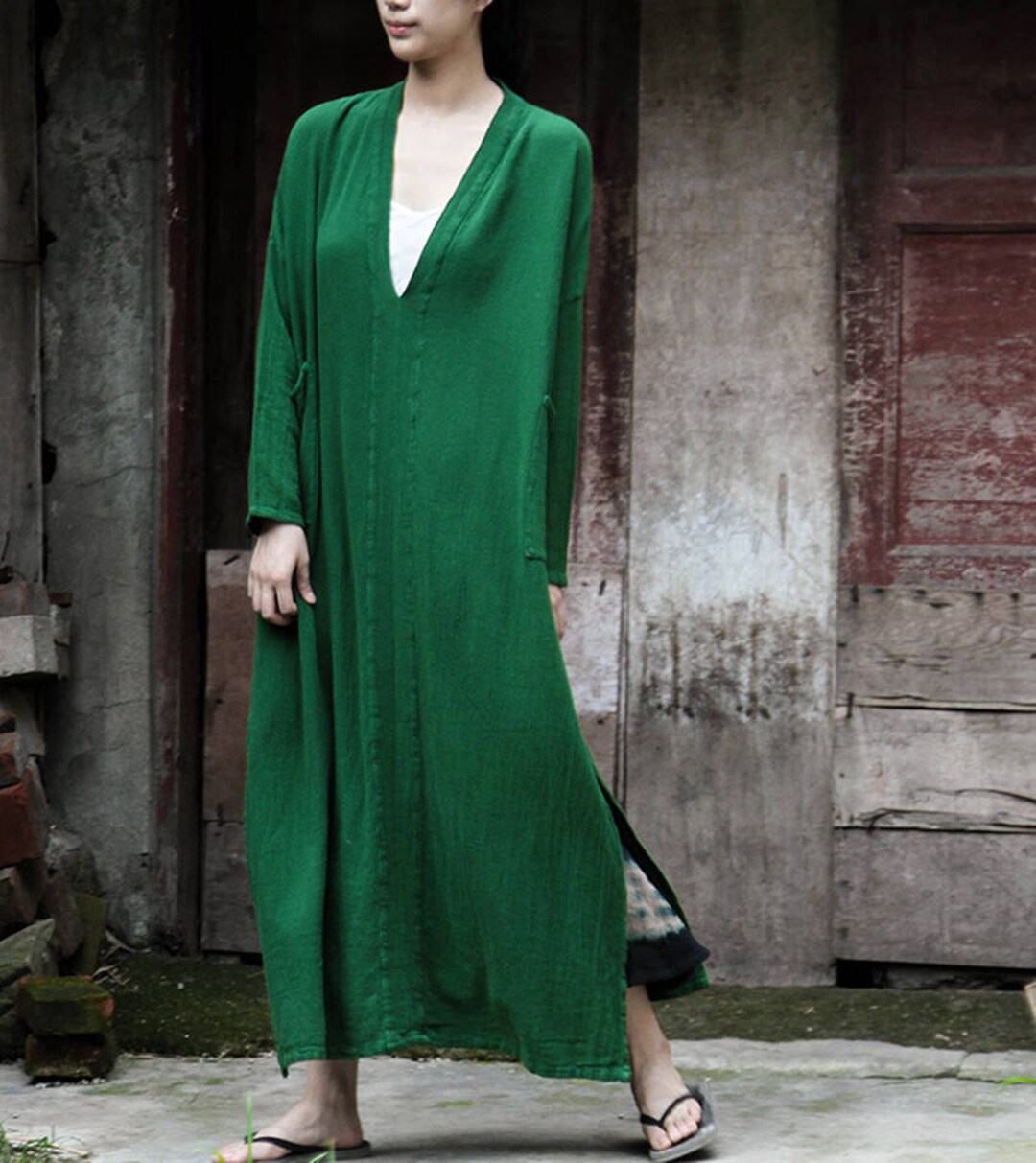 Green Tunic Dress V-neck Cotton Dress Loose Linen Dress Long Split ...