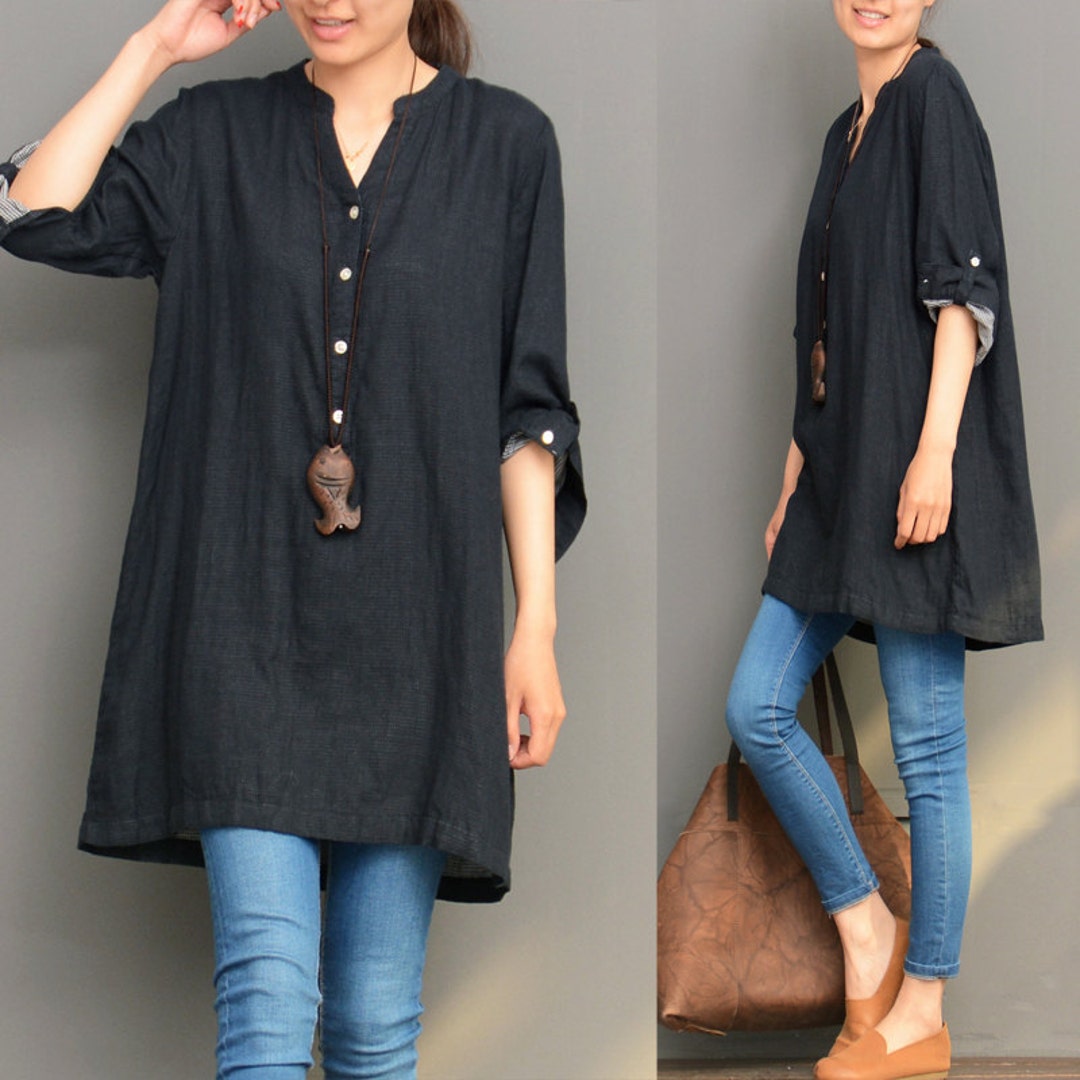 Handmade Black Linen Tunic Top: Asymmetrical Spring Blouse, Plus Size ...