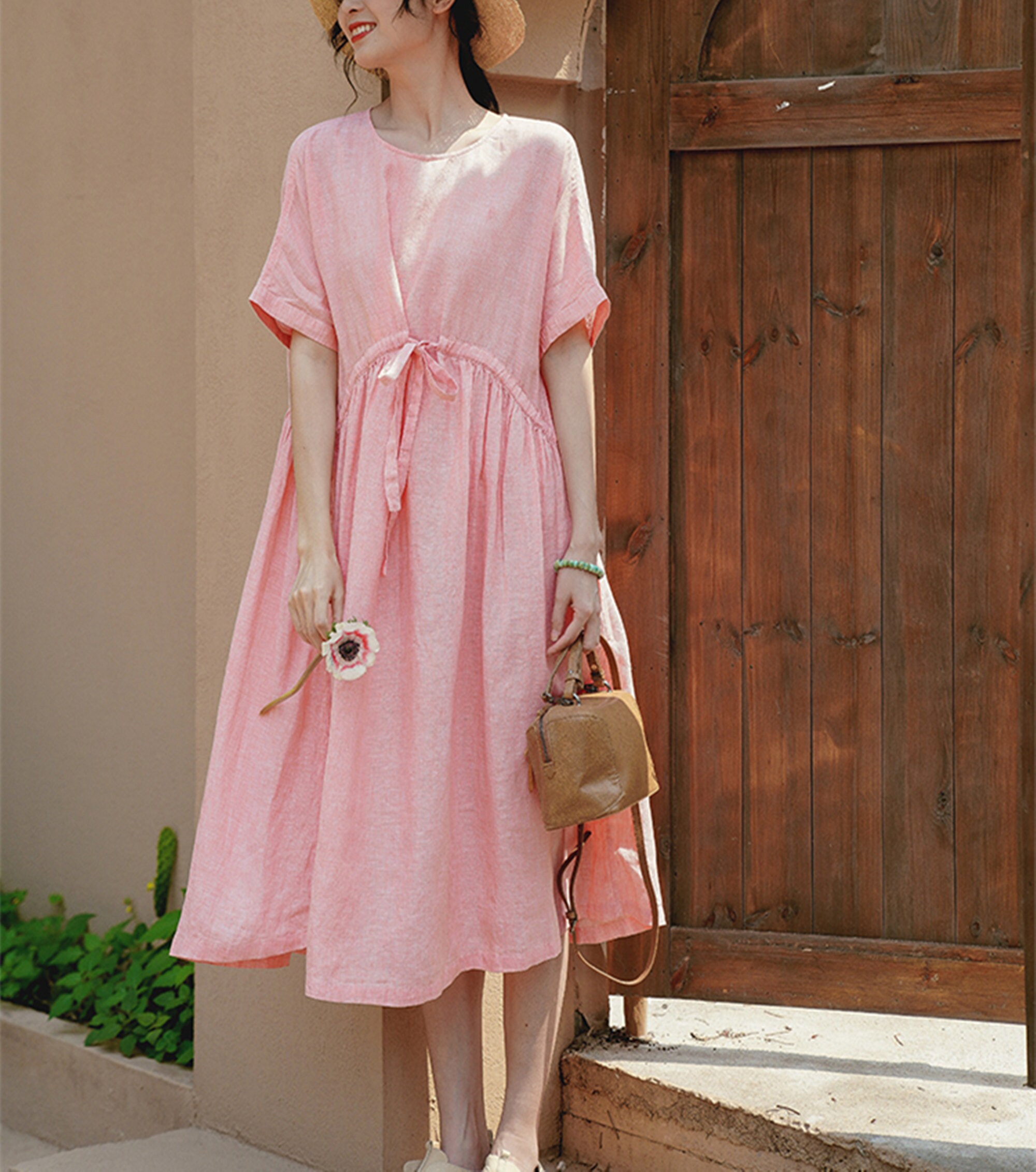 Pink Linen Dresslinen Maxi Dresslinen Pleated Dressdress - Etsy