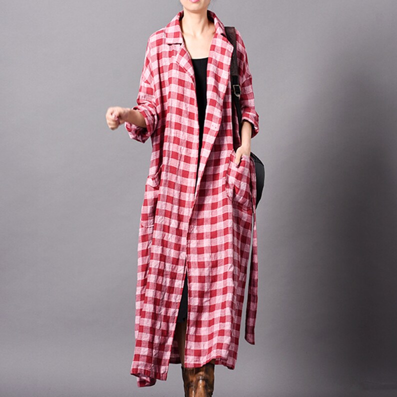 Red Check Linen Jacket With Beltlong Sleeve Linen - Etsy