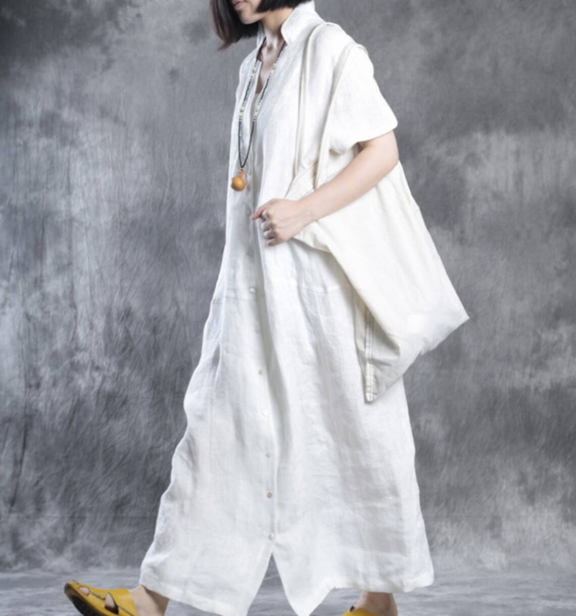 White Tunic Dress Loose Caftan Short Sleeve Linen Dress Maxi Dress Long ...