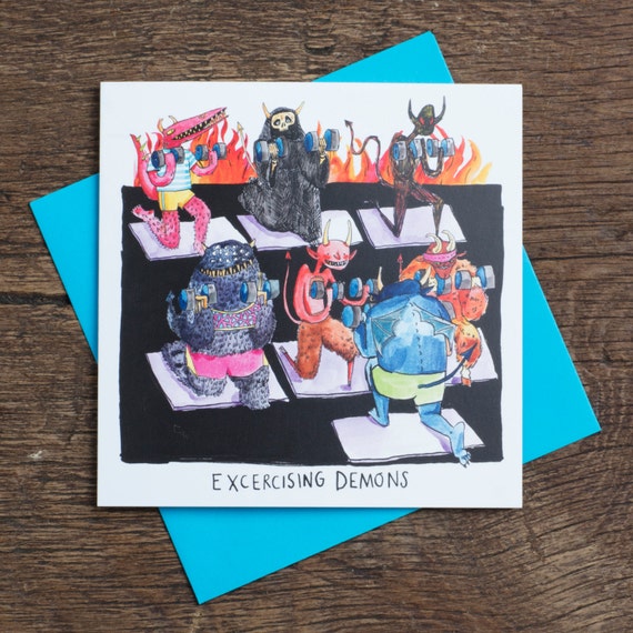 Exercising Demons Greetings Card Humour Pun | Etsy