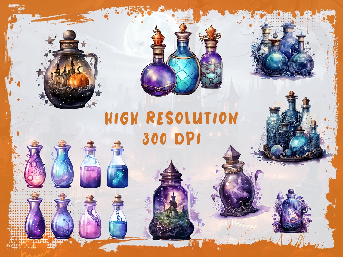 108 Watercolor Halloween Potions Clipart | 108 PNG Graphics, Happy ...