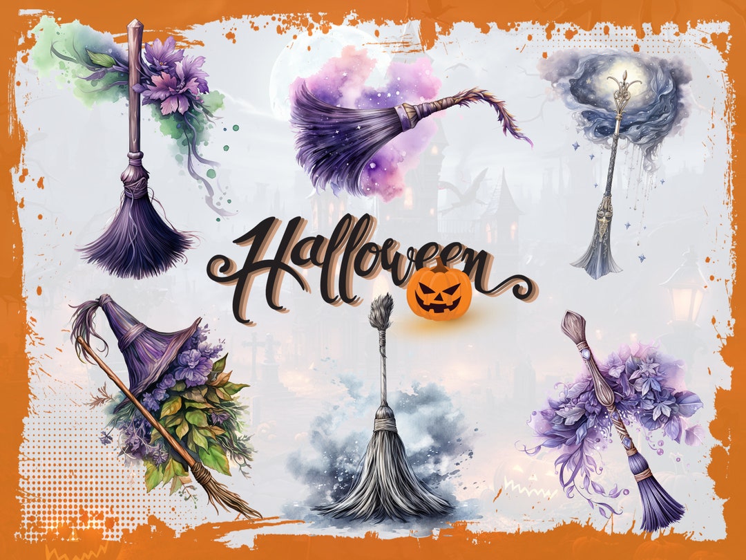 17 Watercolor Halloween Brooms Clipart | 17 PNG Graphics, Happy ...