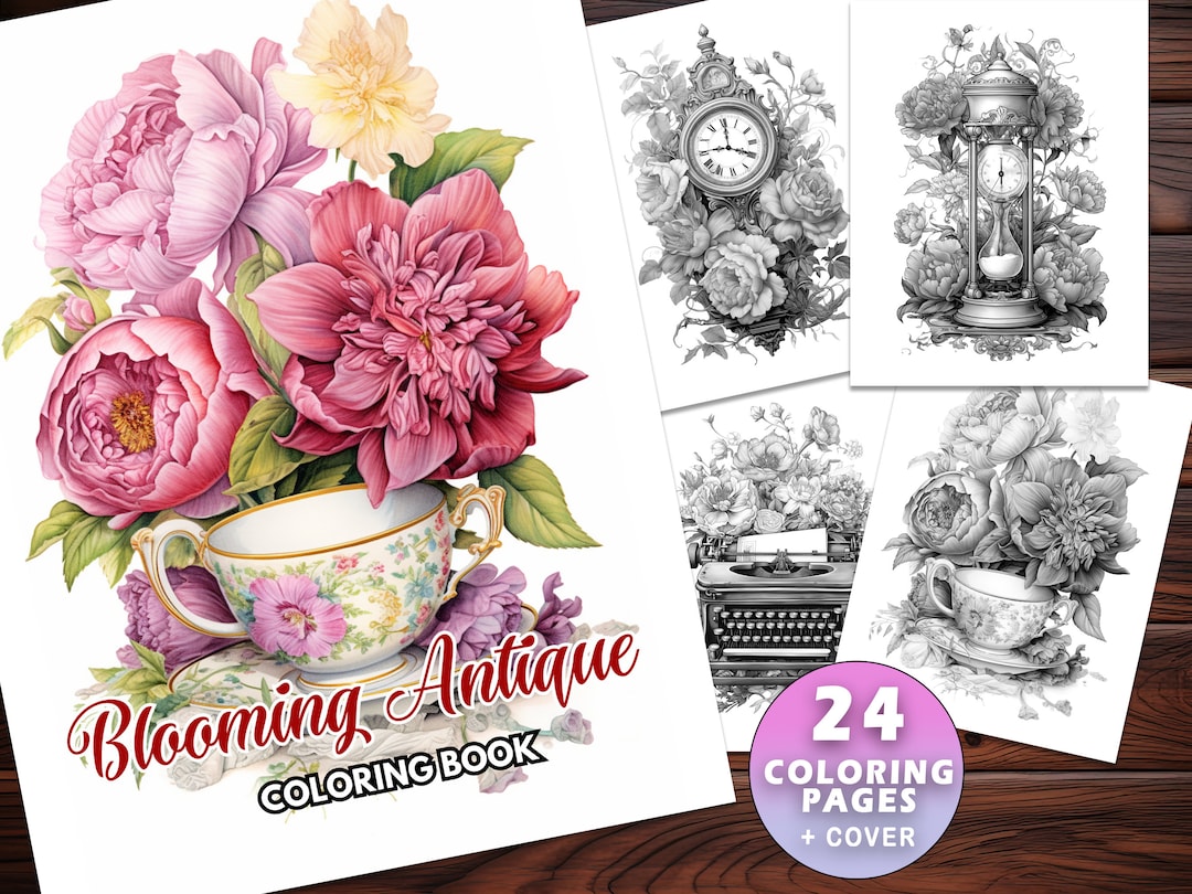 24 Vintage Chic Coloring Book: Instant Download, Grayscale PDF, Floral ...