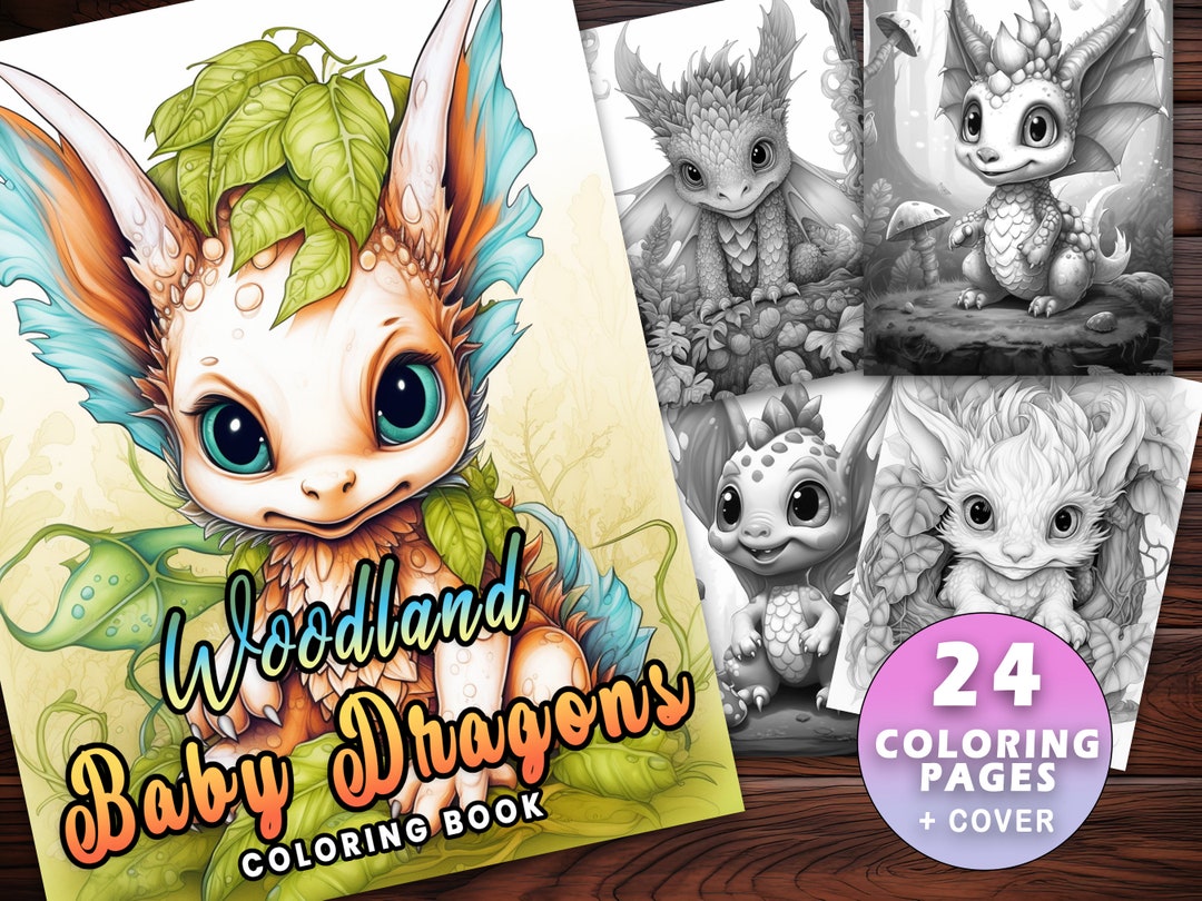 24 Baby Woodland Dragon Fantasy Coloring Page Book, Adults Kids Instant ...