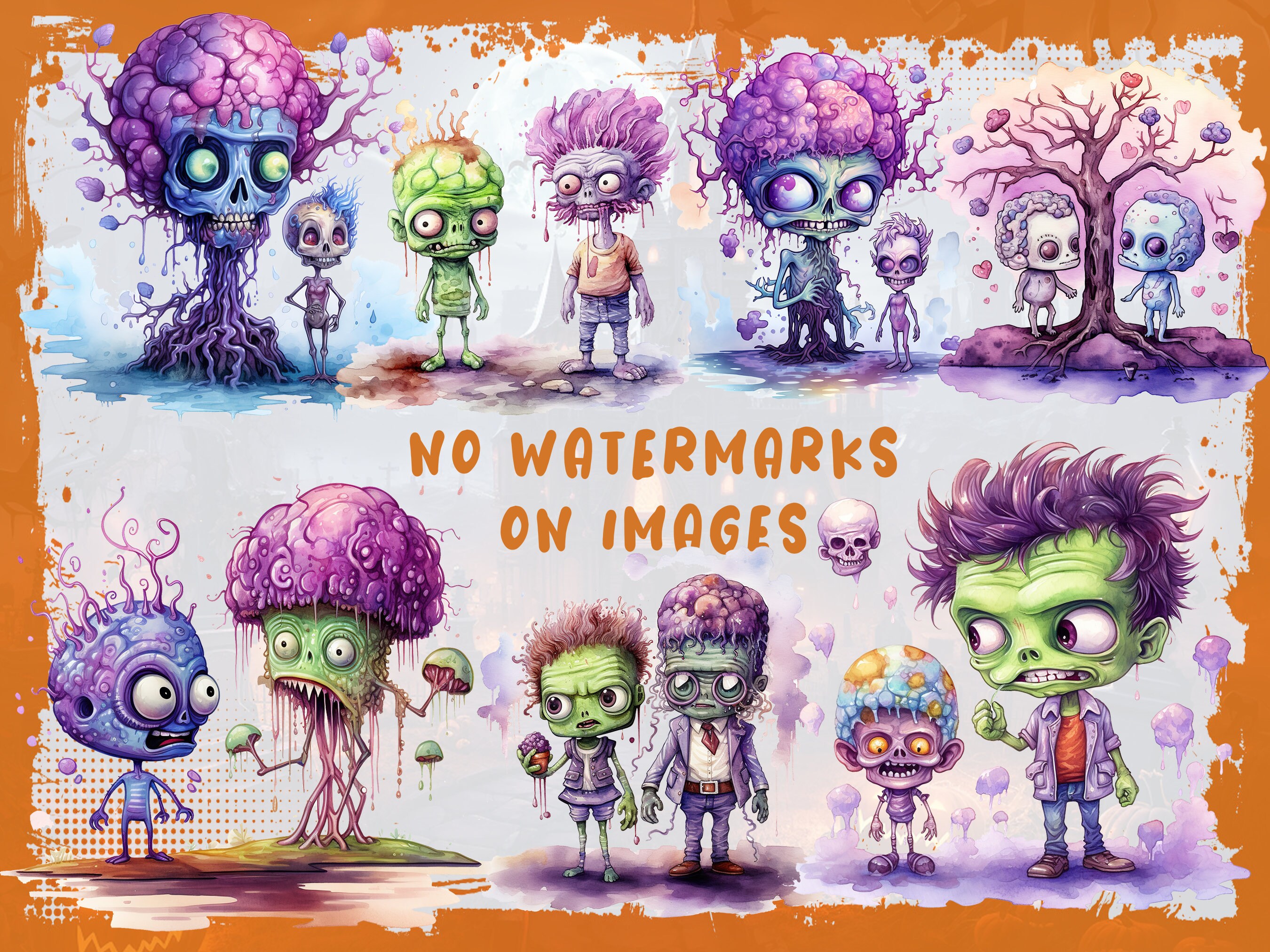 194 Watercolor Halloween Zombies, Clipart 194 PNG Graphics, Happy ...