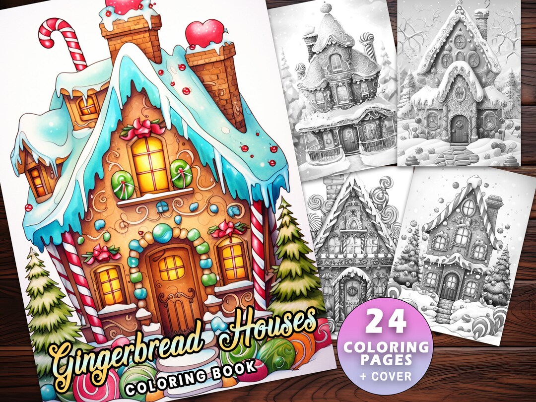 24 Gingerbread Houses Coloring Page Book, Adults Kids Instant Download ...