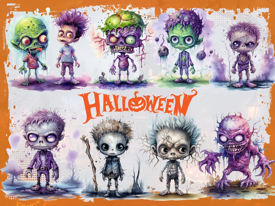 194 Watercolor Halloween Zombies, Clipart | 194 PNG Graphics, Happy ...
