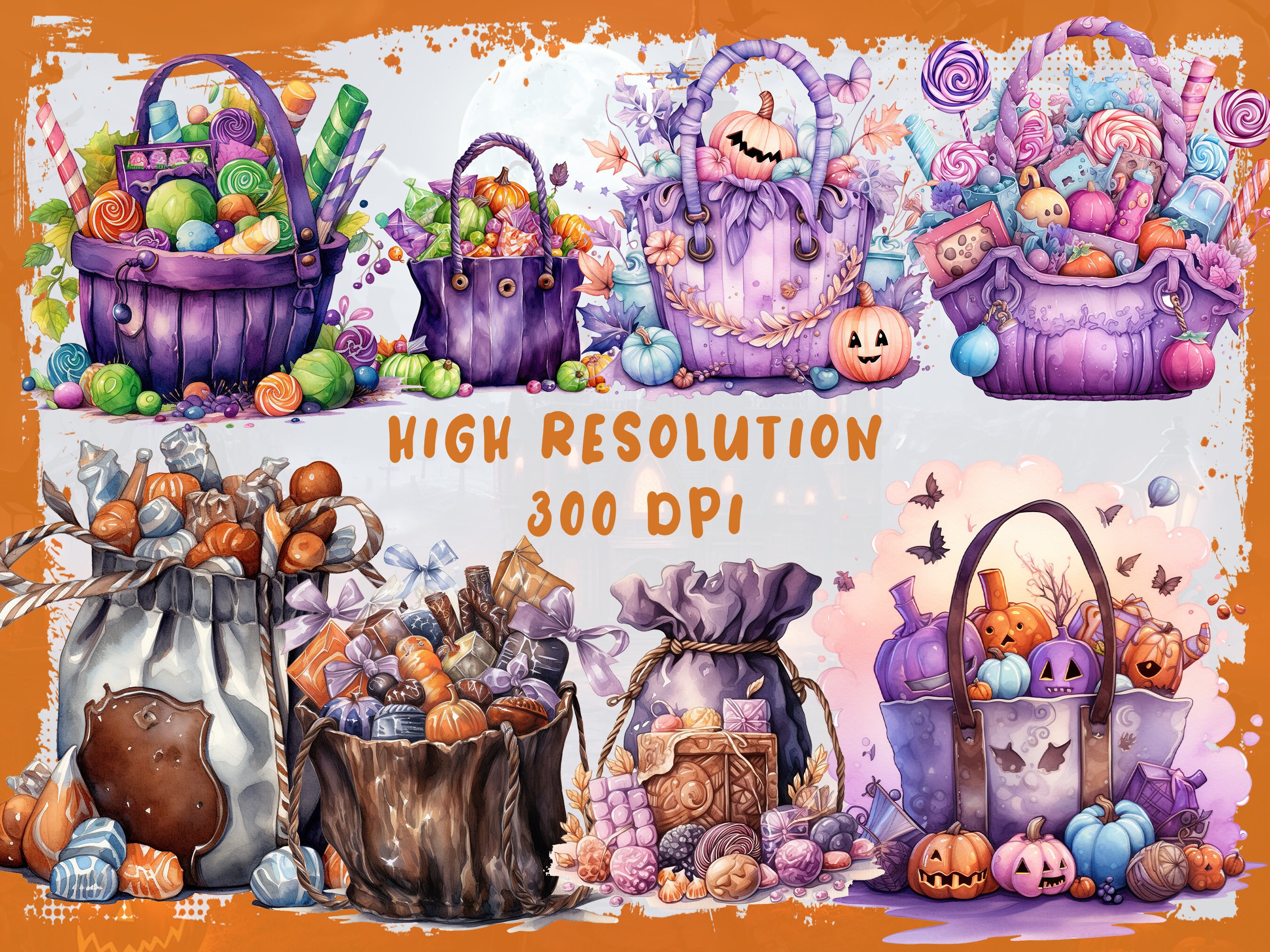 58 Watercolor Halloween Trick-or-treat Bags, Clipart | 58 PNG Graphics ...