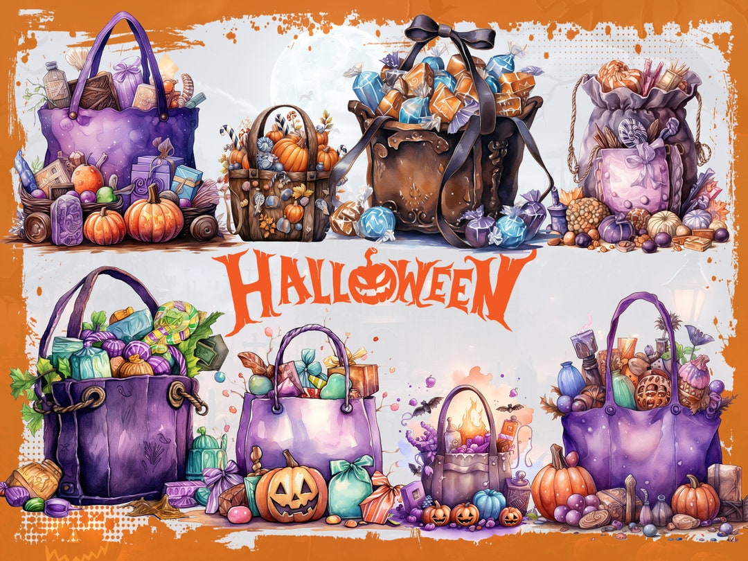 58 Watercolor Halloween Trick-or-treat Bags, Clipart | 58 PNG Graphics ...