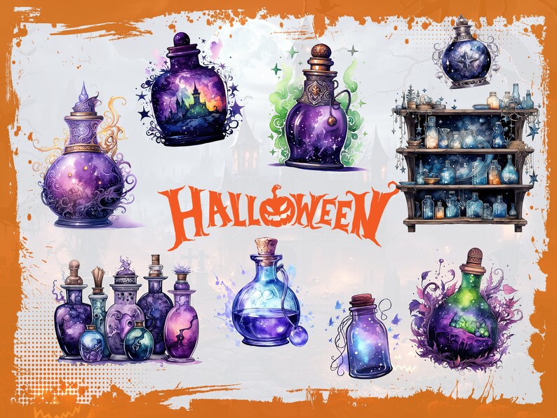 108 Watercolor Halloween Potions Clipart | 108 PNG Graphics, Happy ...