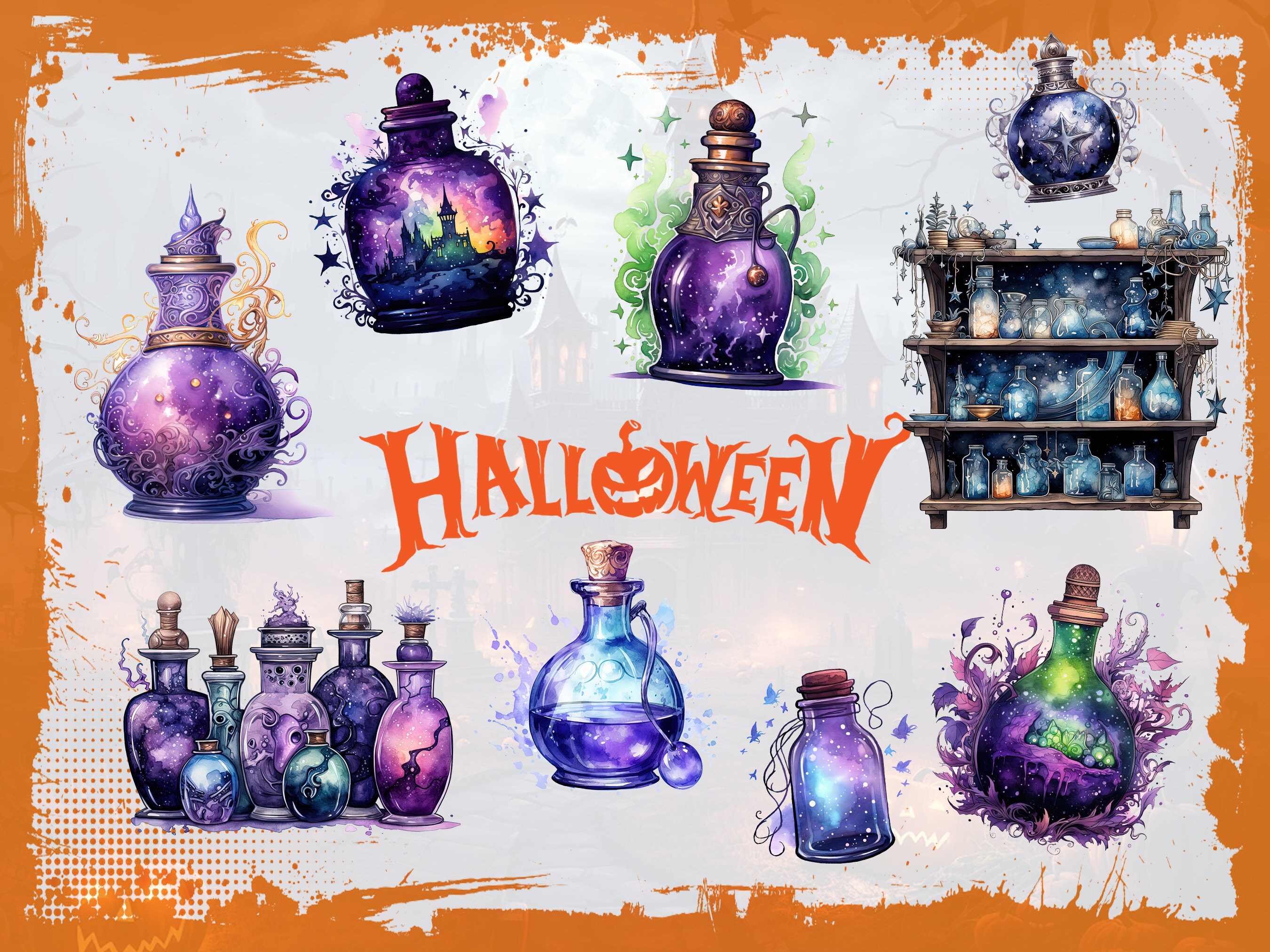 108 Watercolor Halloween Potions Clipart 108 PNG Graphics, Happy ...