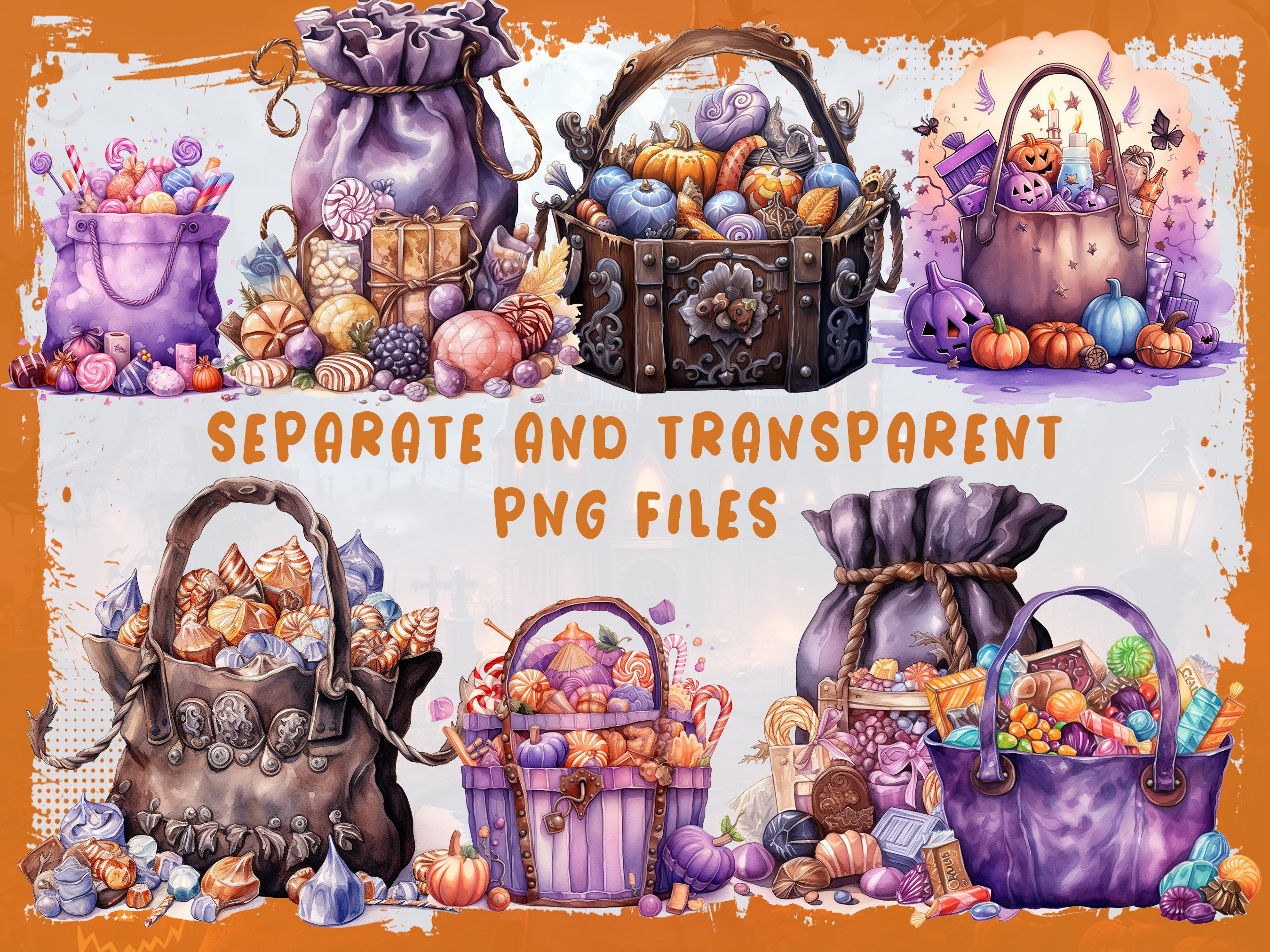 58 Watercolor Halloween Trick-or-treat Bags, Clipart | 58 PNG Graphics ...