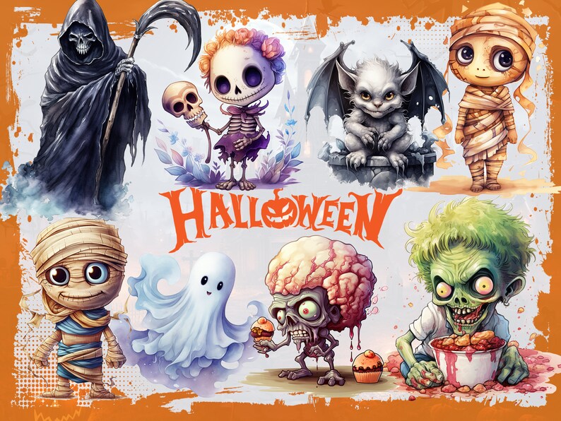 95 Watercolor Halloween Monsters Clipart | 95 PNG Graphics, Happy ...