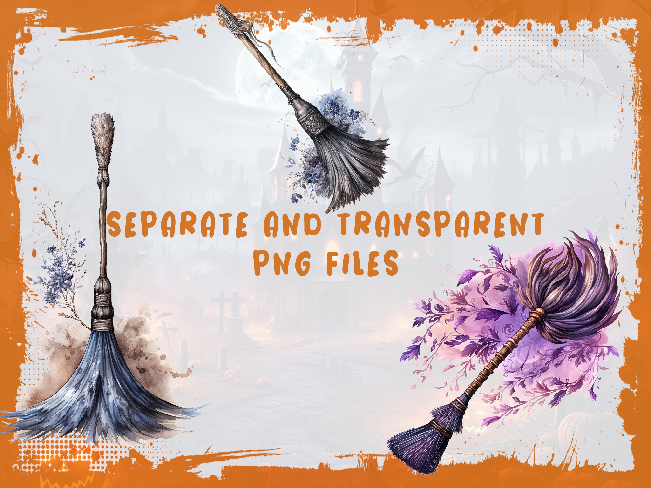 17 Watercolor Halloween Brooms Clipart | 17 PNG Graphics, Happy ...