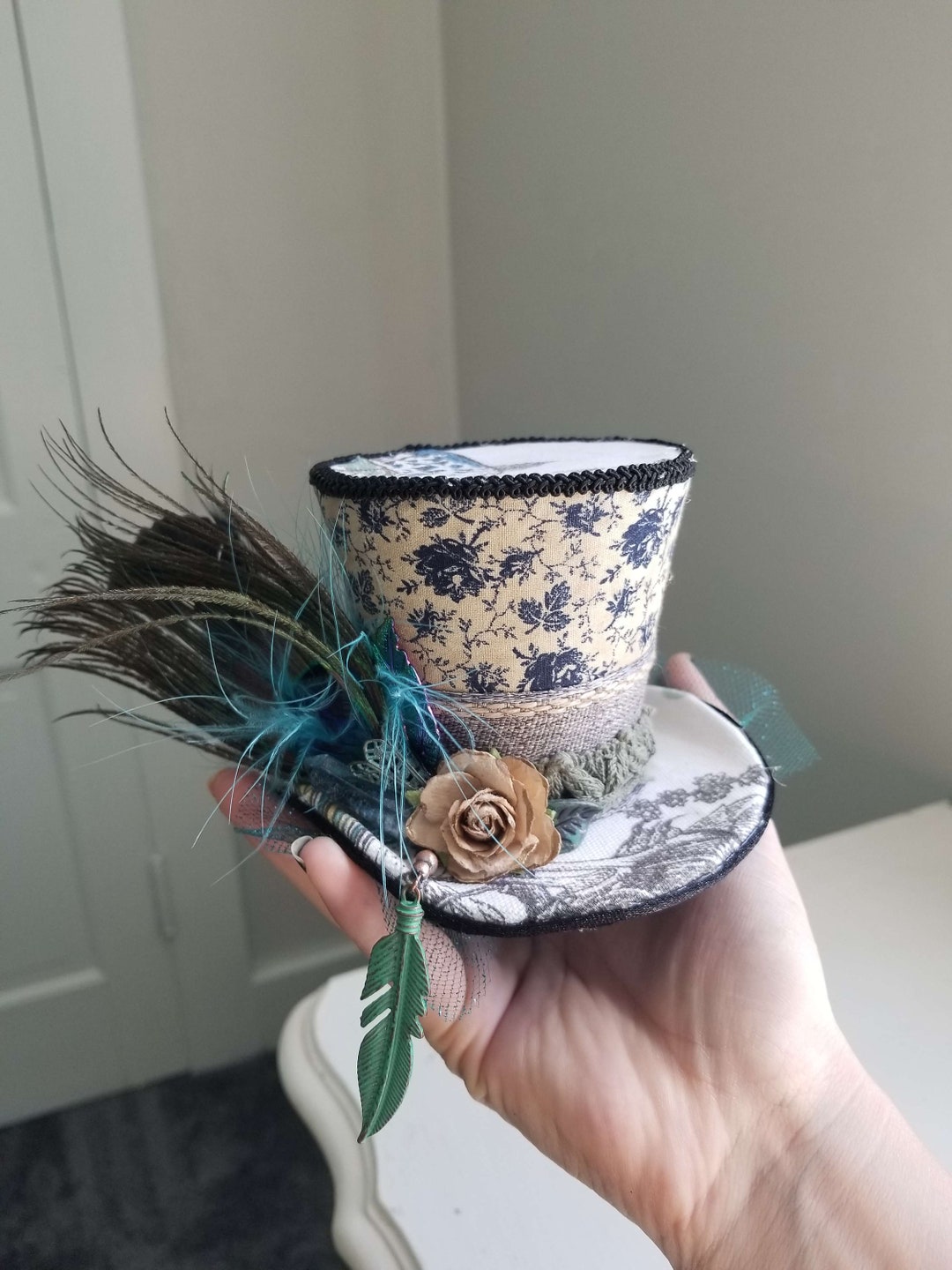 Floral Vintage Inspired Mini Top Hat - Feather Jewel and Rose Peacock ...
