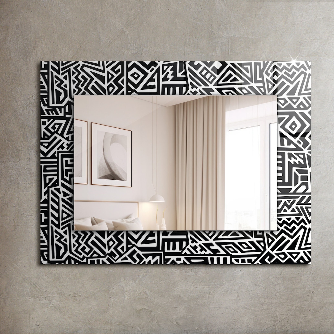 Geometric Pattern Mirror, Rectangular Mirror With Frame, Black Printed ...