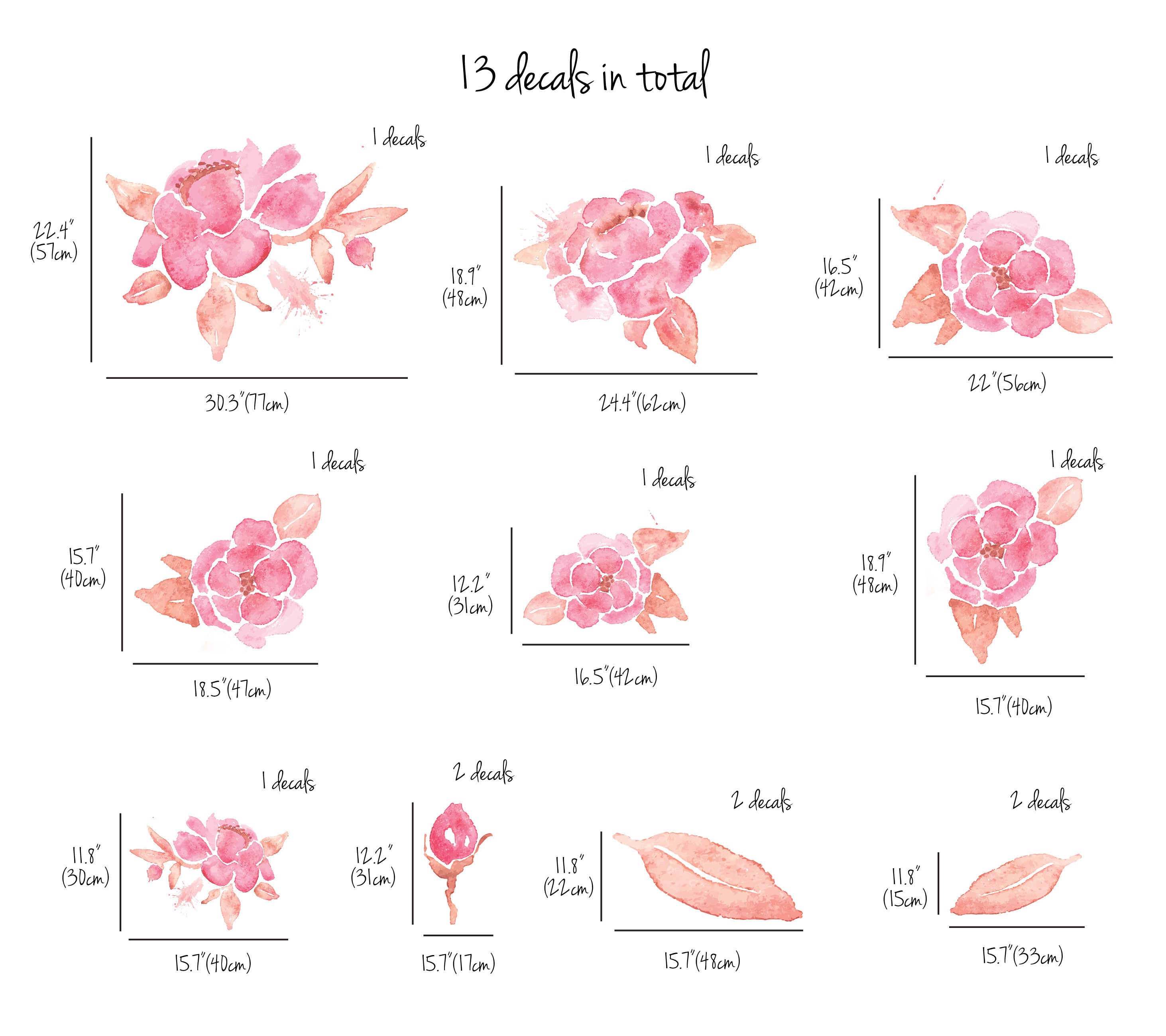 Watercolor Blush, Vinyl Set, Watercolor Wall Stickers, Life Size Decals ...