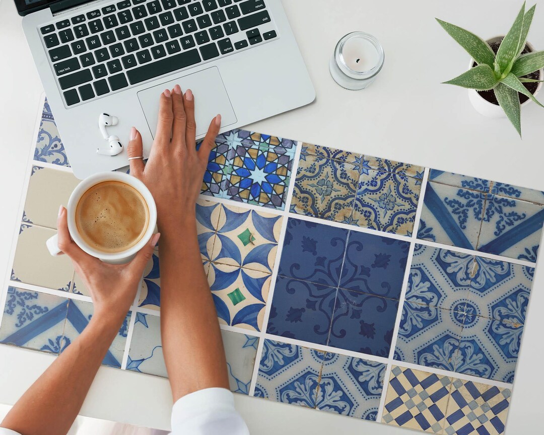 Retro Style Tiles Desk Pad, Blue Desk Cover, Table Protector Pad ...