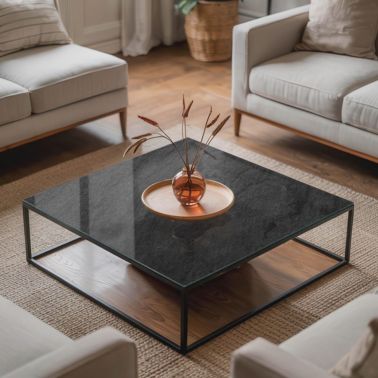 Natural Stone Texture Glass Table Top, Black Modern Glass Tabletop ...