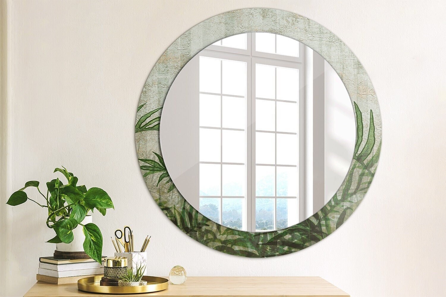 Fern Leaves, Green, Round Mirror Frame, Mirror Design, Glass Wall Decor ...