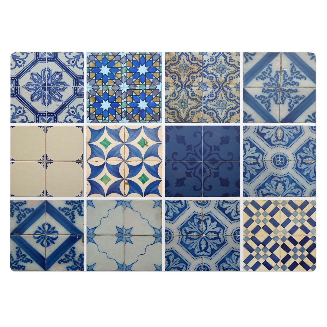 Retro Style Tiles Chair Mat, Blue Office Chair Floor Protector, Chair ...