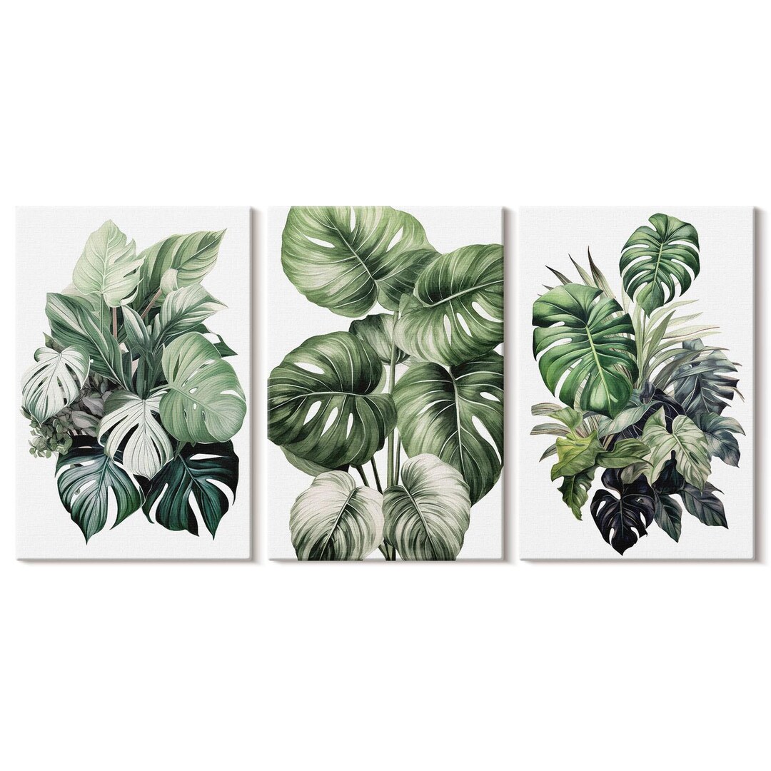 Set of 3 Canvas Prints - Green Leaves of Tropical Plants Watercolors ...