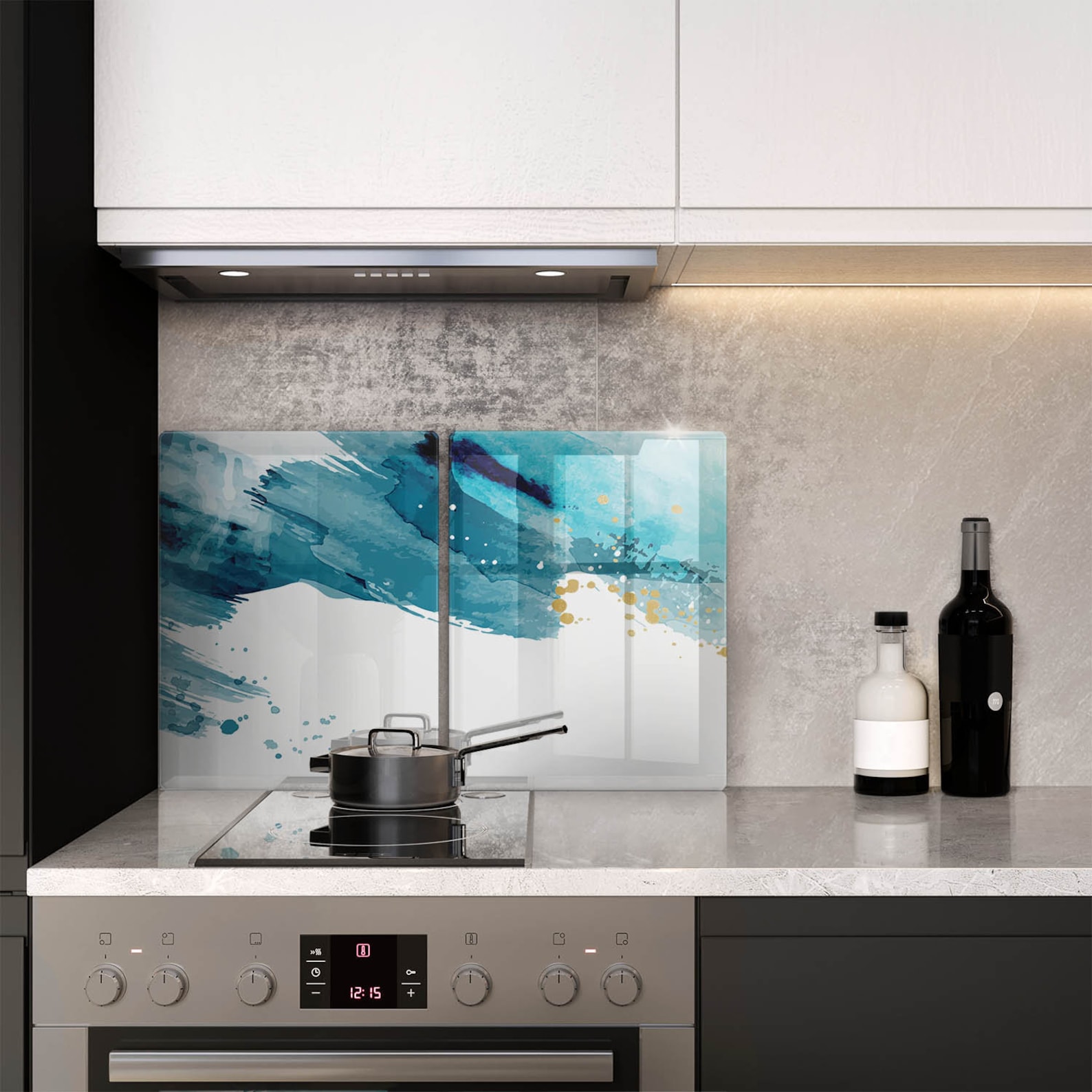 Blue Spots Tempered Glass Backsplash, Glass Wall Protection, Oven ...