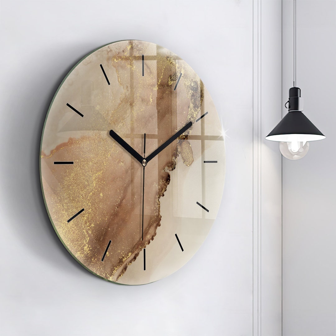 Modern Beige Tempered Glass Clock, Brown Round Wall Clock, Abstract ...