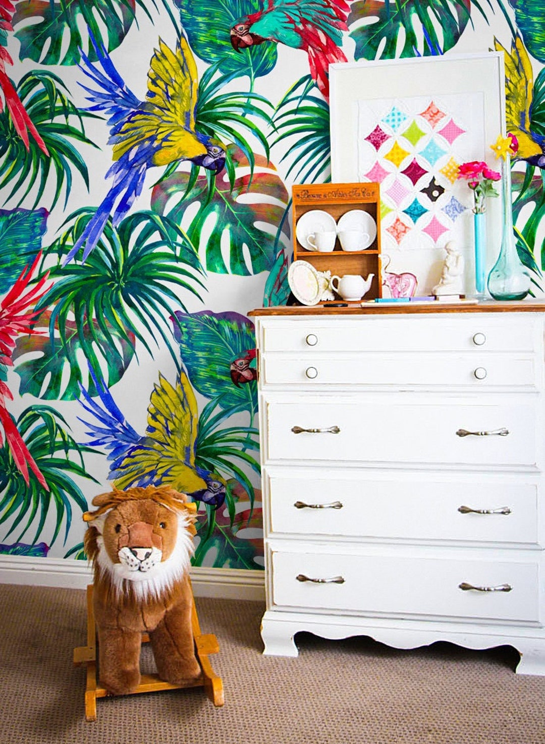Jungle Parrots Wallpaper in Roll, Colorful Reusable Wall Mural, Floral ...