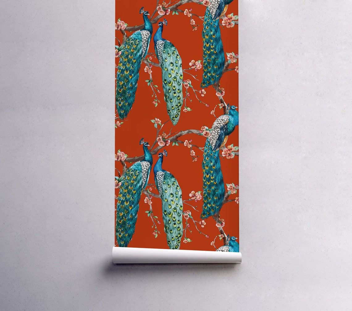 Red Peacock Wallpaper in Roll, Red Reusable Wall Mural, Animal Pattern ...