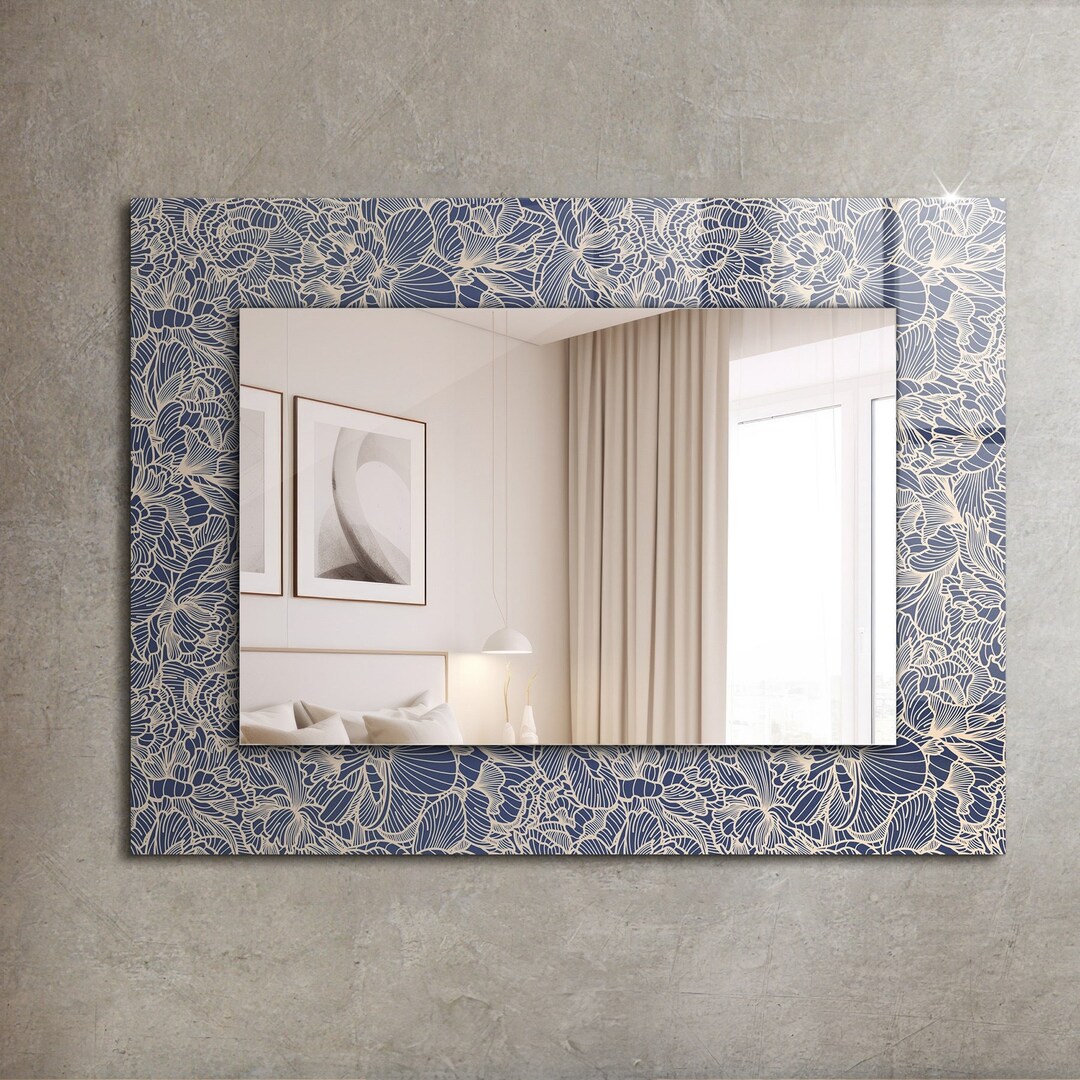 Floral Fabric Pattern Mirror, Rectangular Mirror With Frame, Beige ...