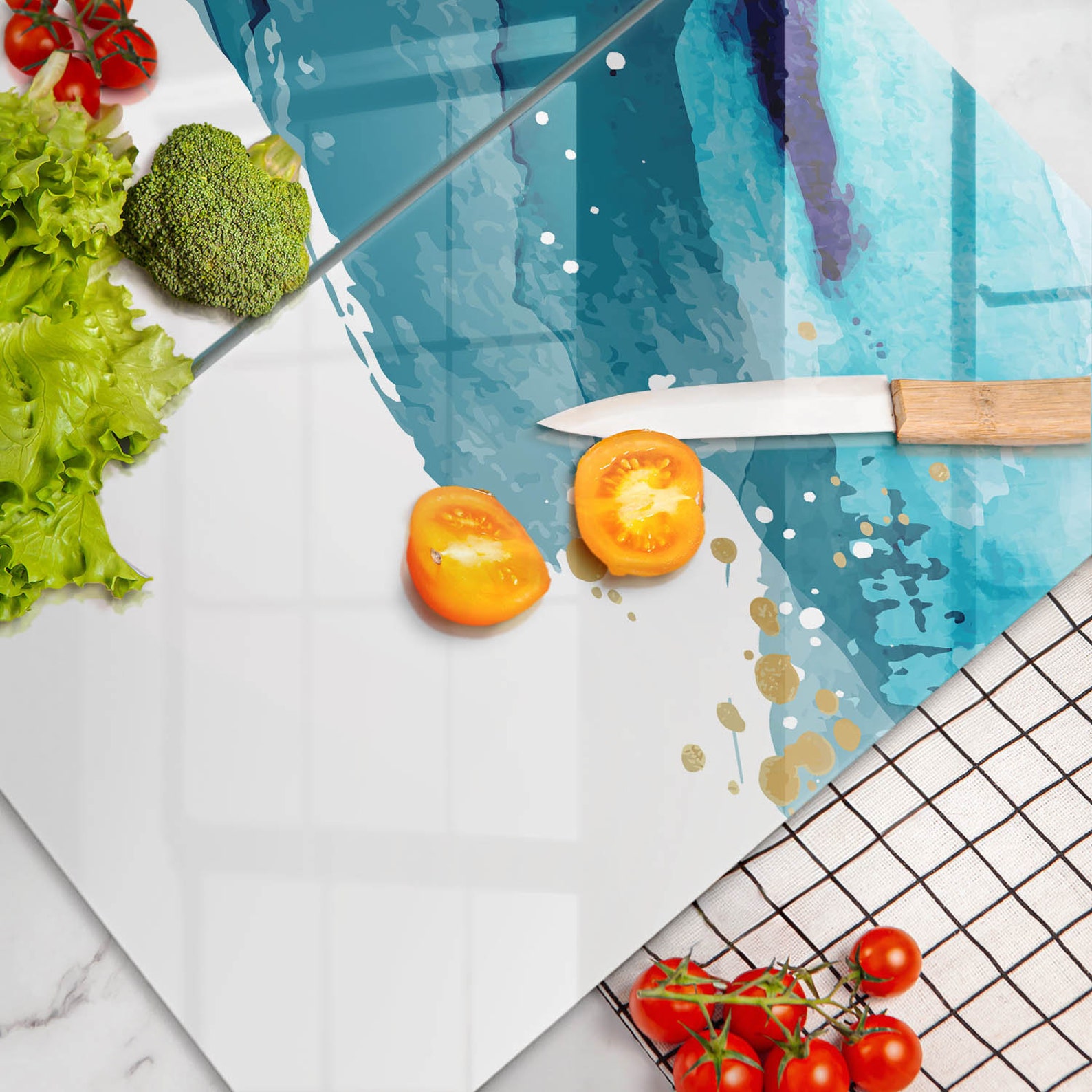 Blue Spots Tempered Glass Backsplash, Glass Wall Protection, Oven ...