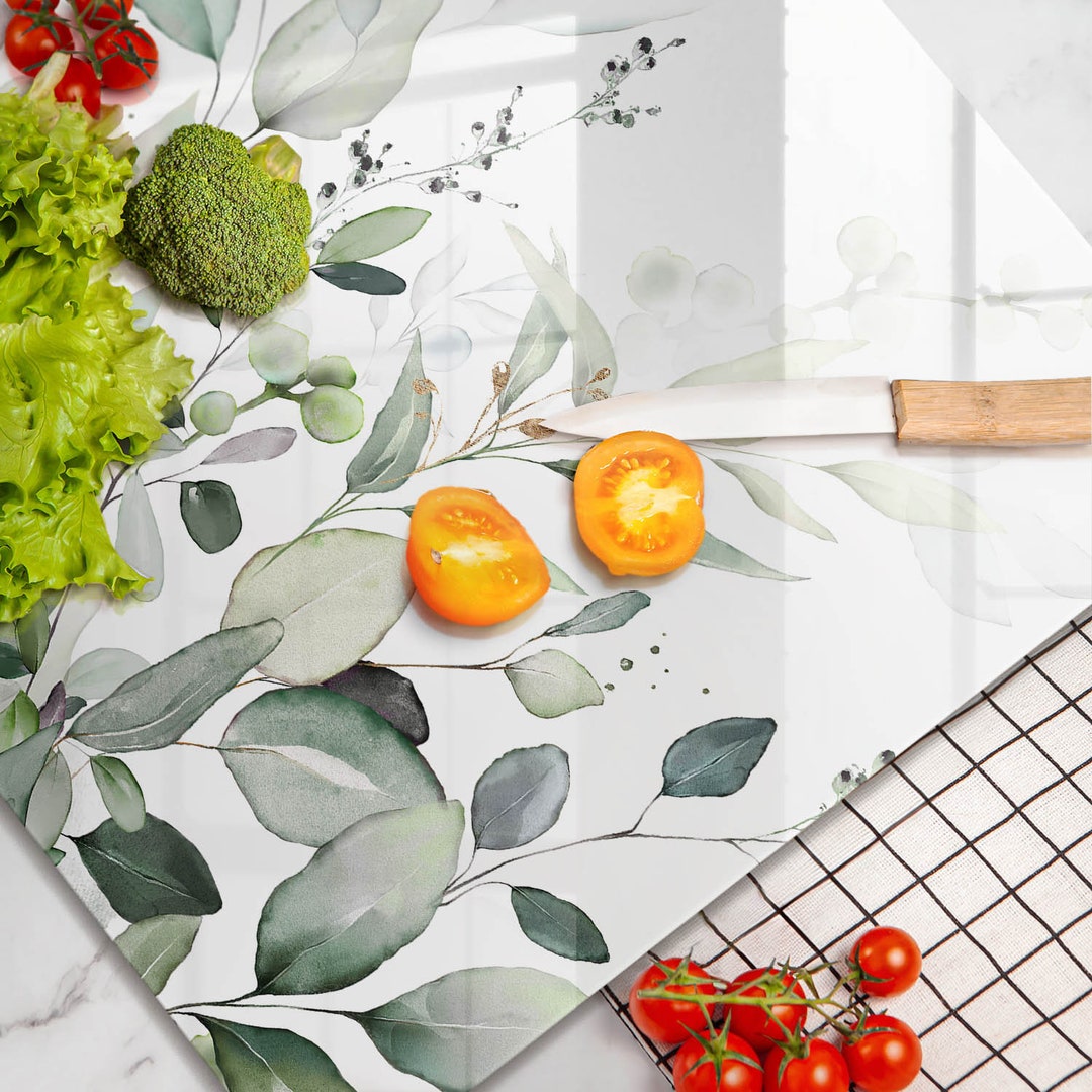 Watercolor Plants Tempered Glass Backsplash, Glass Wall Protection ...