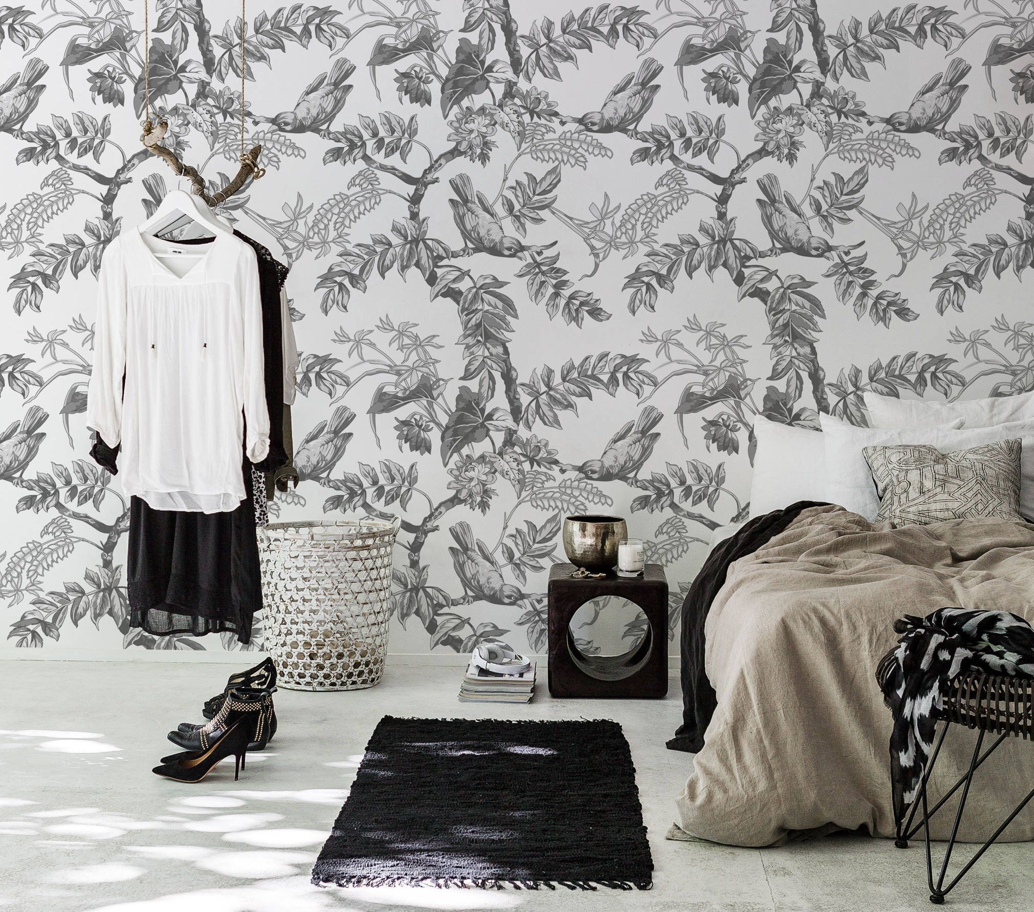 Grey Birds Wallpaper in Roll, Gray Reusable Wall Mural, Animal Pattern ...
