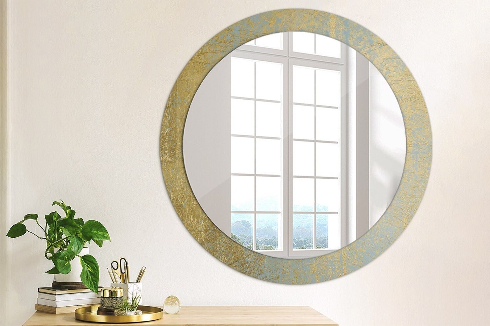 Golden Foil Texture, Gray, Round Mirror Frame, Glass Wall Art, Wall ...