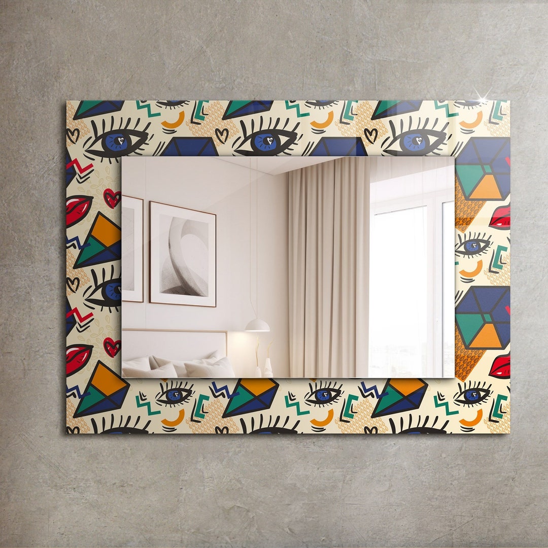 Eyes Mouth Shapes Mirror, Rectangular Mirror With Frame, Blue Wall ...
