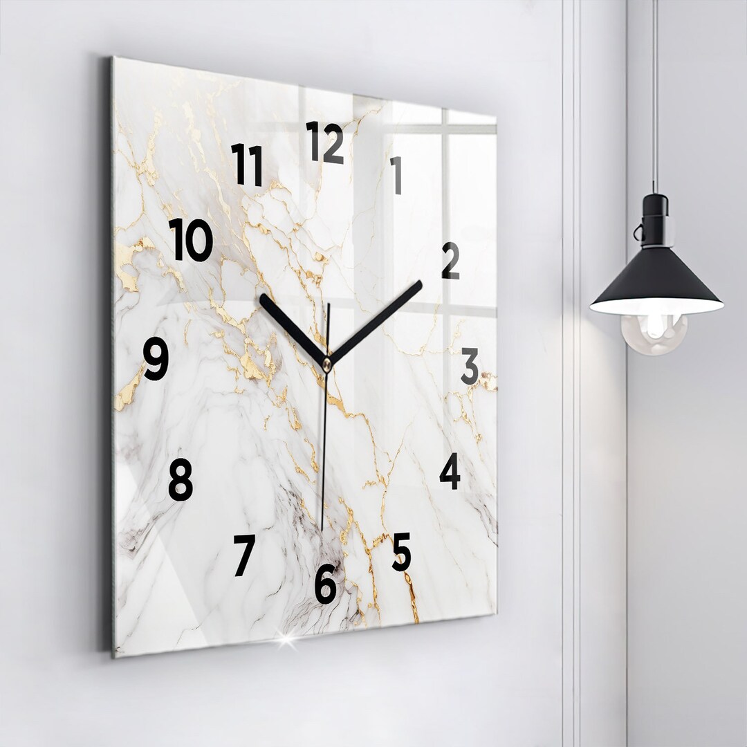 Decorative Marble Glass Clock, White Printed Clock, Abstract Large Wall ...