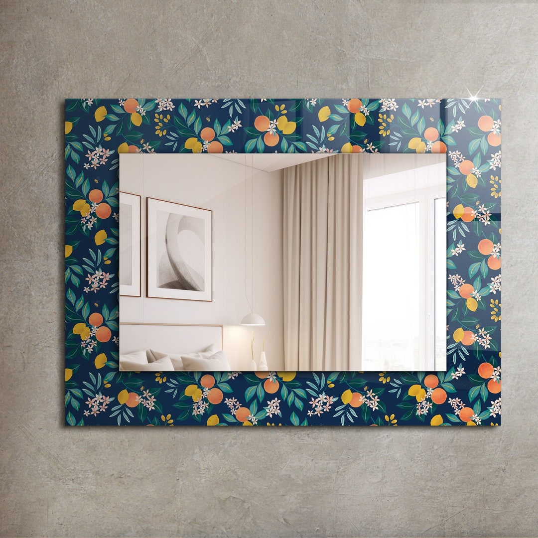 Flowers and Fruits Mirror, Rectangular Mirror With Frame, Brown Printed ...