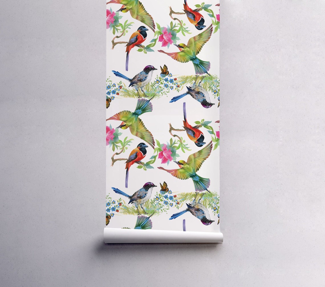 Colorful Birds Wallpaper in Roll, Colorful Reusable Wall Mural, Floral ...