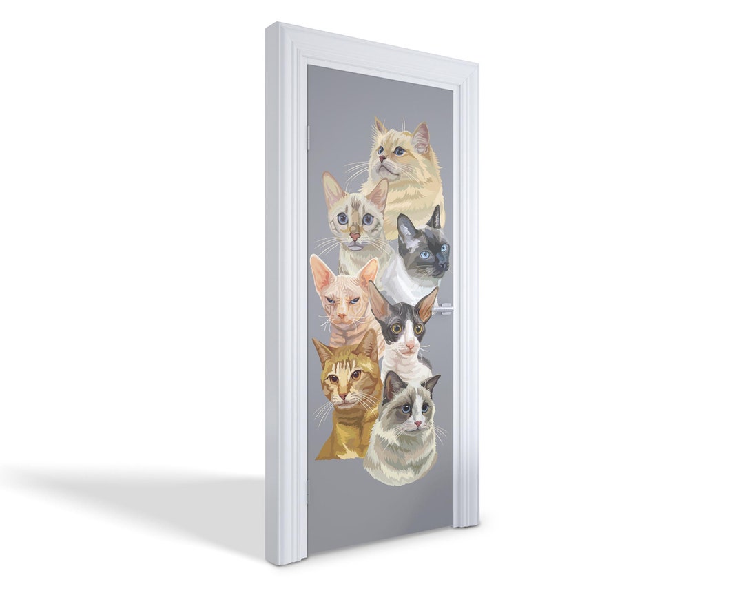 Cat Gallery Door Sticker, Self-adhesive Cover, Animals Door Mural, Gray ...