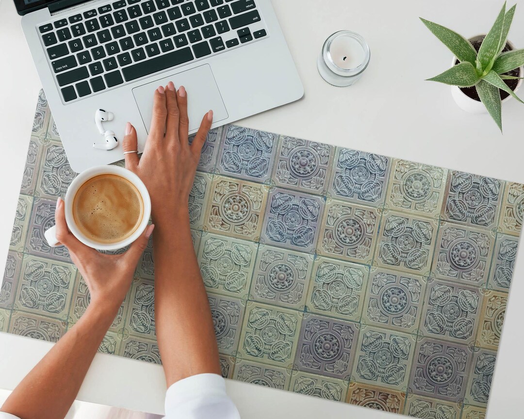 Retro Vintage Tiles Desk Pad, Green Desk Cover, Table Protector Pad ...
