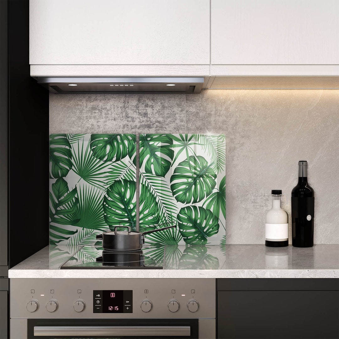 Monstera Leaves Tempered Glass Backsplash, Glass Wall Protection, Oven ...