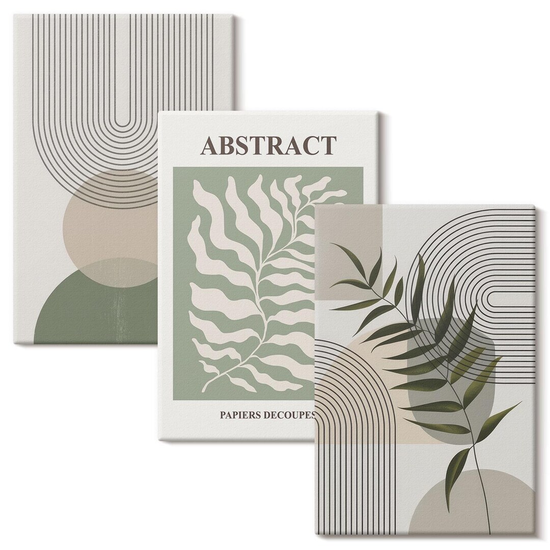 Canvas Wall Art Set of 3 - Botanical Abstracts Rustic Boho Style, Green ...