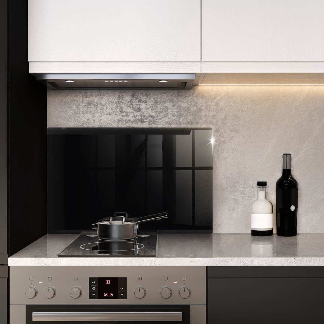 Black Color Tempered Glass Splashback, Glass Splash Guard, Backsplash ...