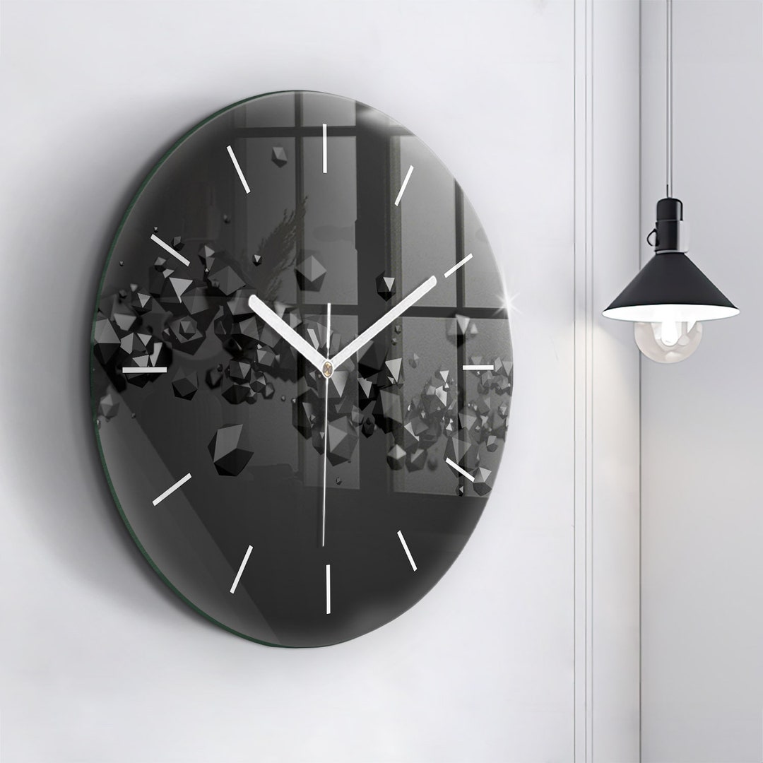 Black Abstraction Tempered Glass Clock, Black Wall Clock, Abstract ...